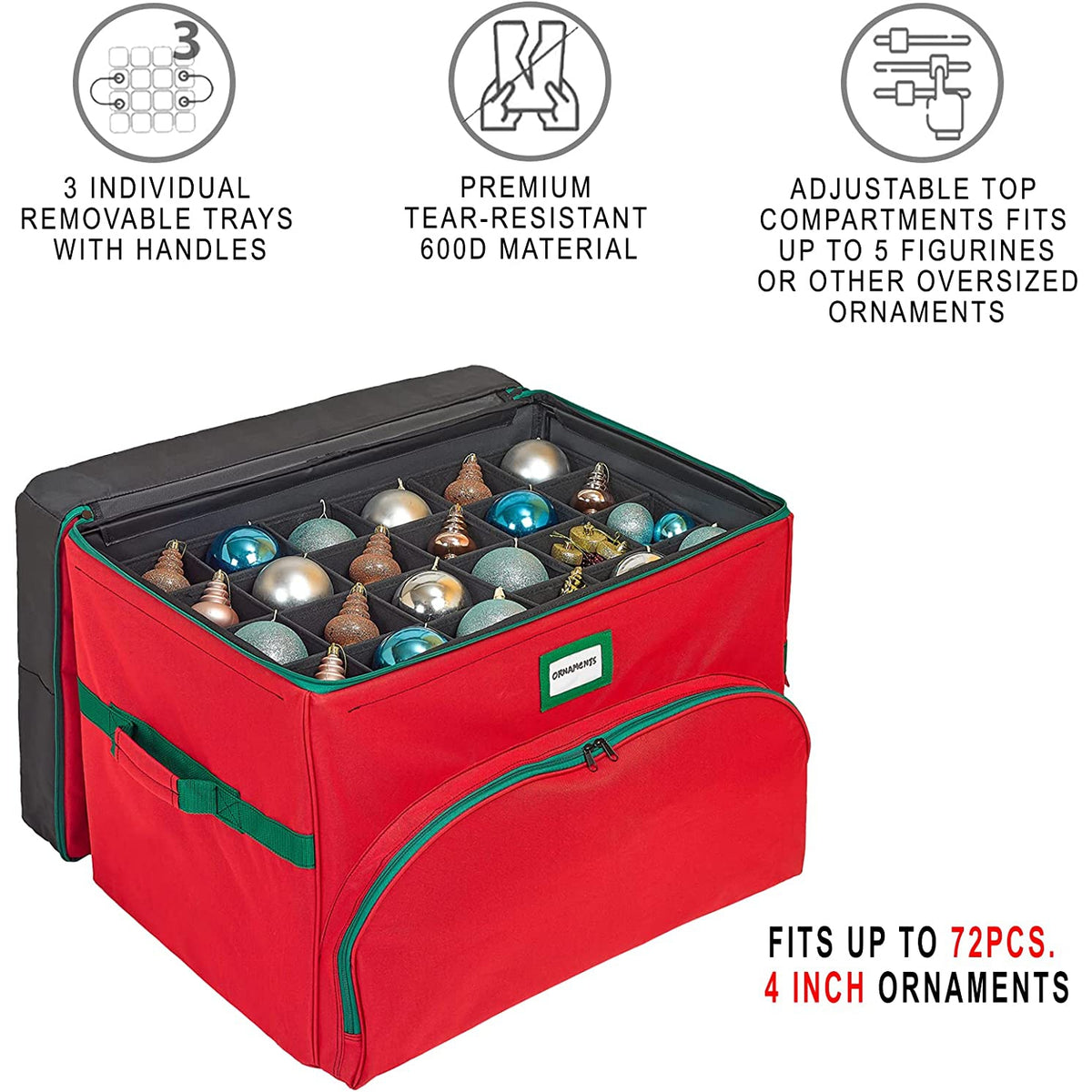 Christmas Ornament Storage Box - Holds Up to 72 Ornaments 4” x 4” Adju ...